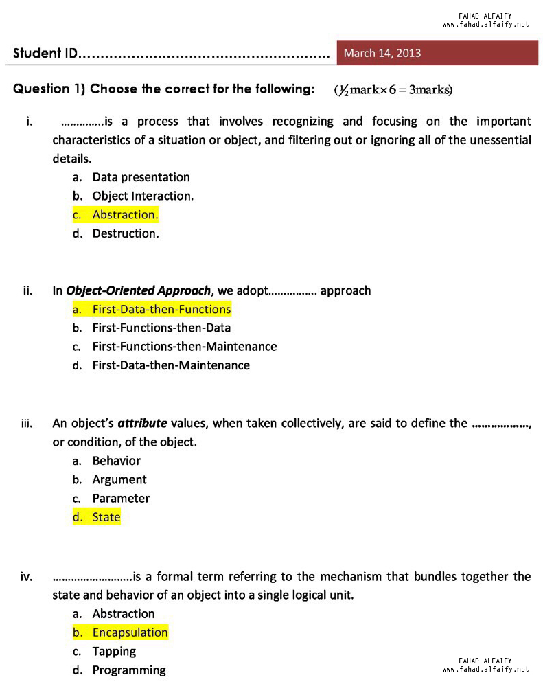 إختبار برمجة غرضية Object Oriented Programing java - مركز أسئلة الإختبارات